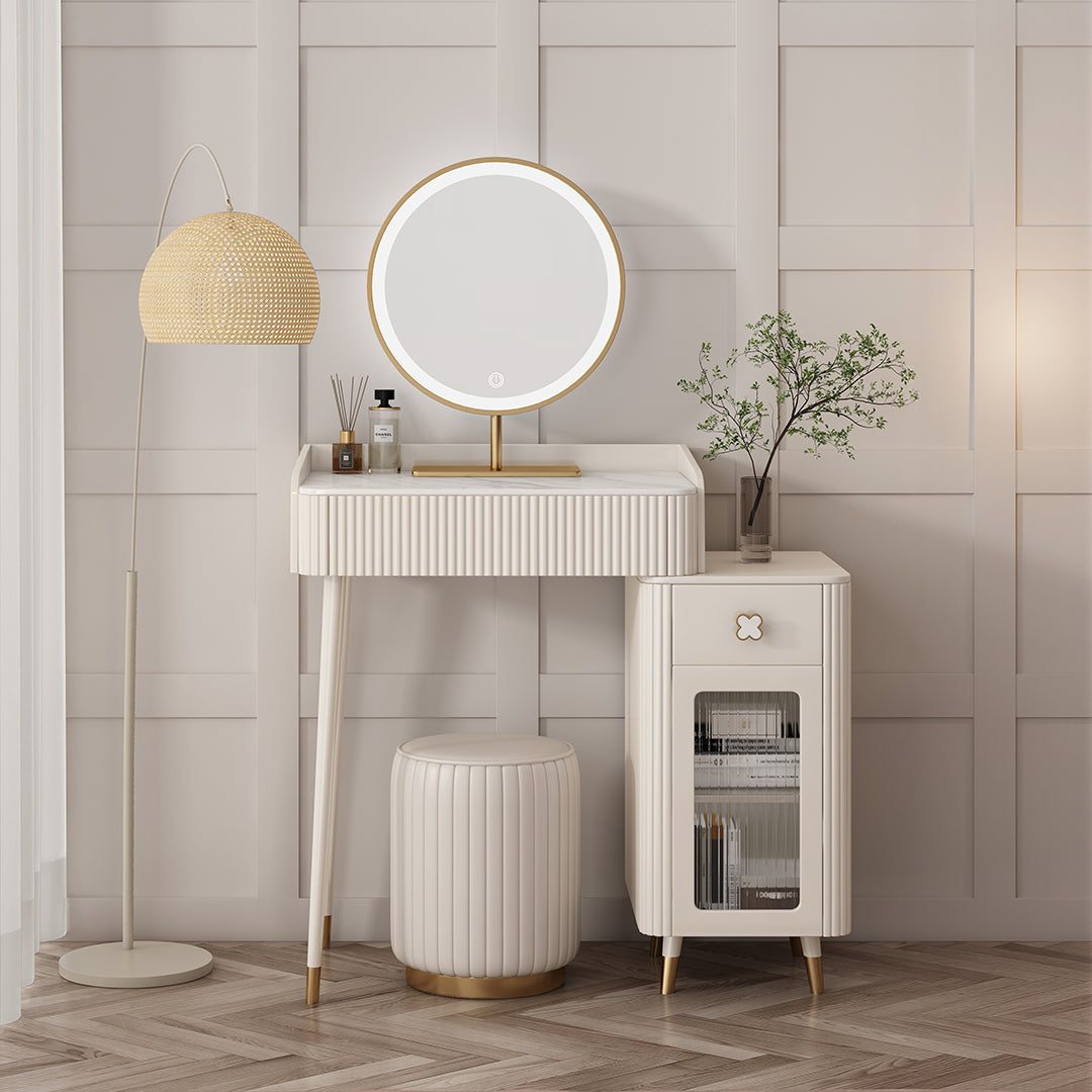 Compact Cream Dressing Table with LED Mirror & Side Cabinet | Rit Concept